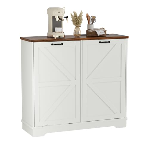 Double Tilt Out Trash Can Cabinet, 13 Gallon Hidden Trash Can Cabinet with Deodorizing Function, Farmhouse Wooden Garbage Trash Bin Cabinet for Kitchen Living Room, White