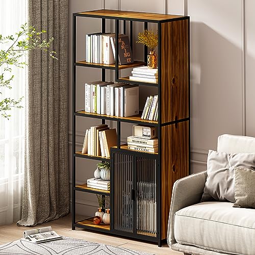 Industrial Bookshelf 69 Inch Tall Etagere Bookcase, Display Shelf with Open Storage Shelves and Right Side Cabinet, Modern Bookcases with Metal Frame for Home Office Living Room and Bedroom, Right