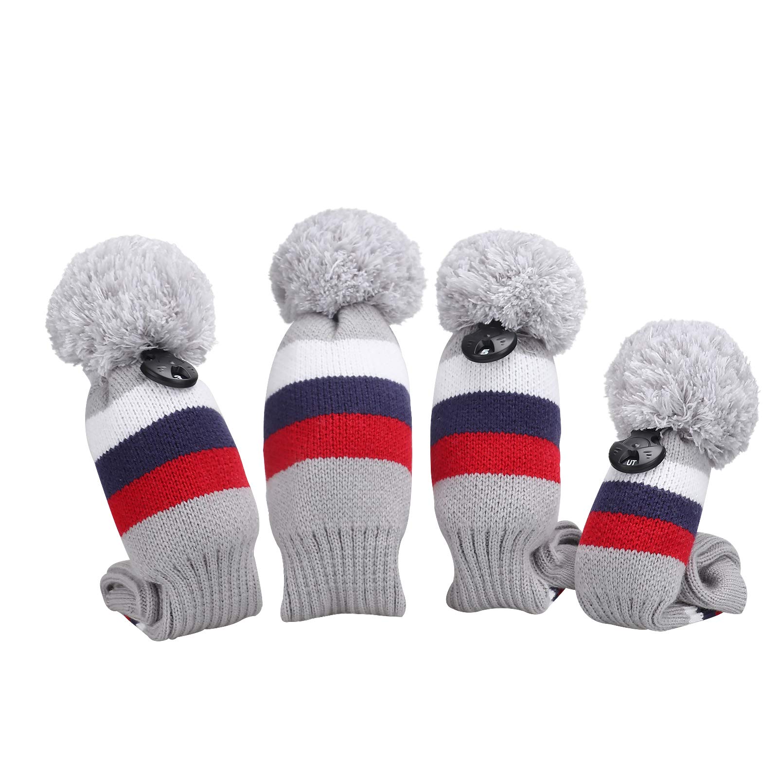 BIG TEETH Knit Headcovers 4pcs Pom pom Covers 1 3 5 UT Set of 4pcs (Red Blue Stripes)