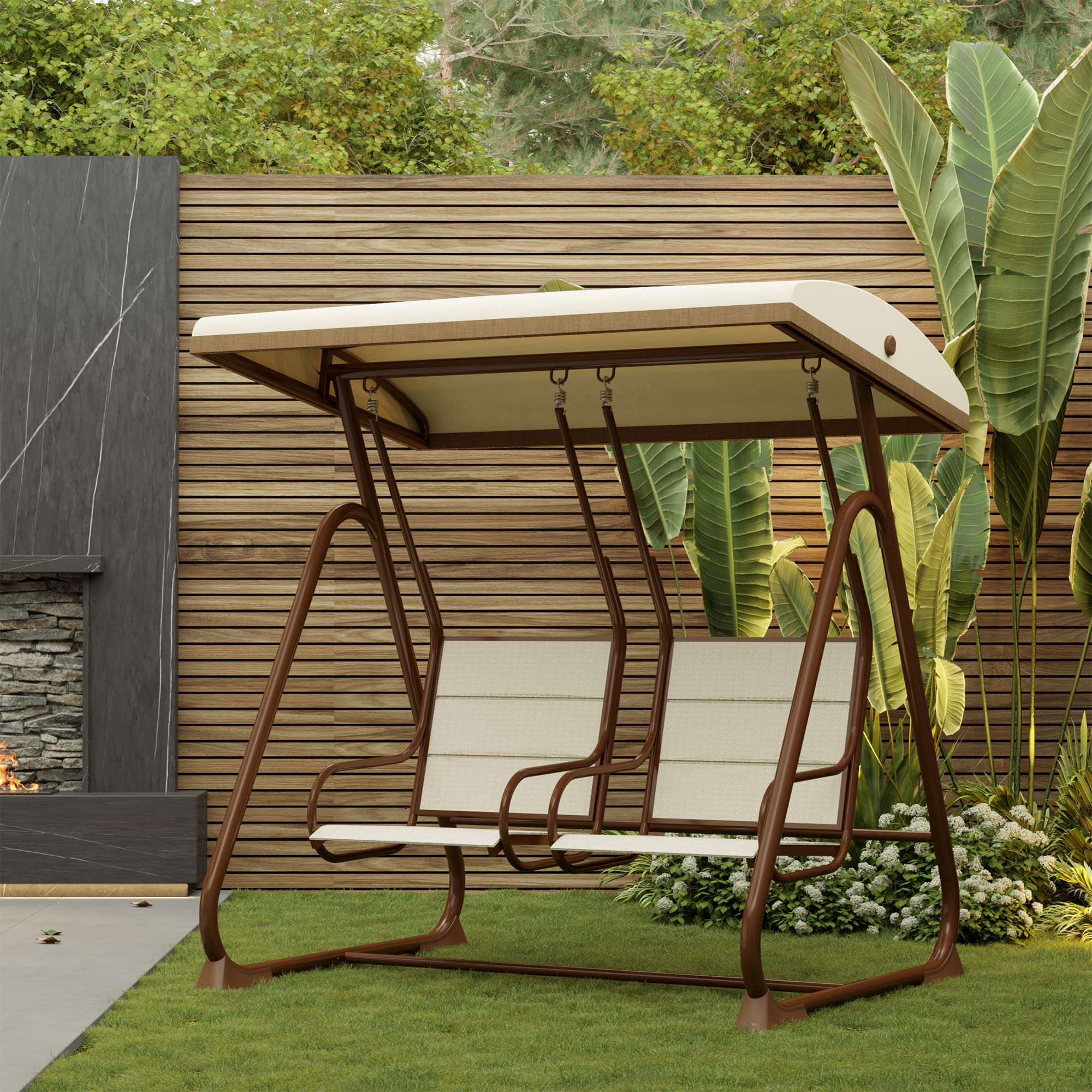 EAST OAK 2-Person Outdoor Patio Swing Chair with Adjustable Canopy, Porch Swing with Comfortable and Breathable Seats, Independent Swing Chairs for Garden, Balcony, Backyard, Chestnut Brown