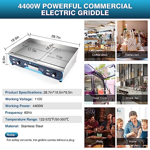 IRONWALLS Commercial Griddle Electric 29 Inch, 110V 4400W Electric Countertop Griddle Flat Top Grill, Non-stick Stainless Steel Teppanyaki Grill with Dual Temperature Control for Restaurant Kitchen