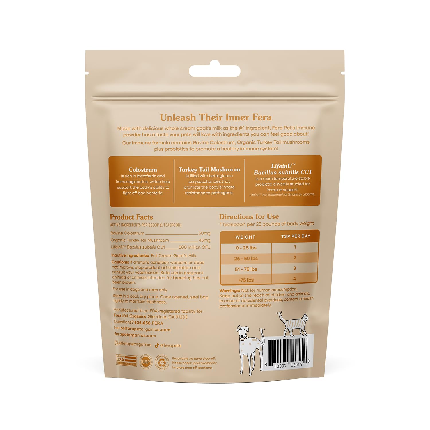 Fera Pet Organics Immune Goat Milk Cat & Dog Food Topper β Vet Created - Pet Allergy & Immunity Aid β Probiotic - Colostrum & Turkey Tail Mushroom-60 Servings