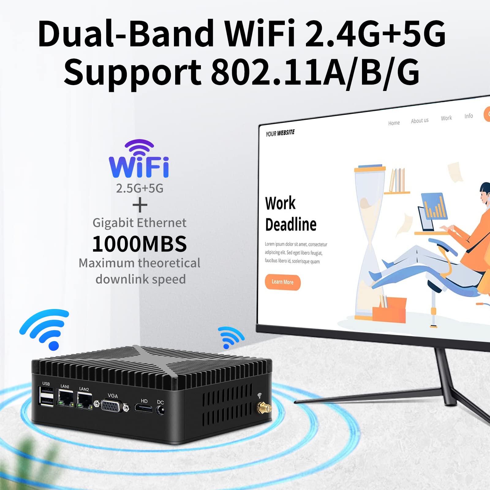 Kinupute Industrial Mini PC, Fanless Desktop Computer Celeron J1900 2.0-2.42GHz, Windows 10 Pro, 8GB RAM, 256GB SSD, 2xNICs, 2xCOM, HDMI/VGA Port, 2.4G+5G WiFi for Industry Office HTPC, Support Linux
