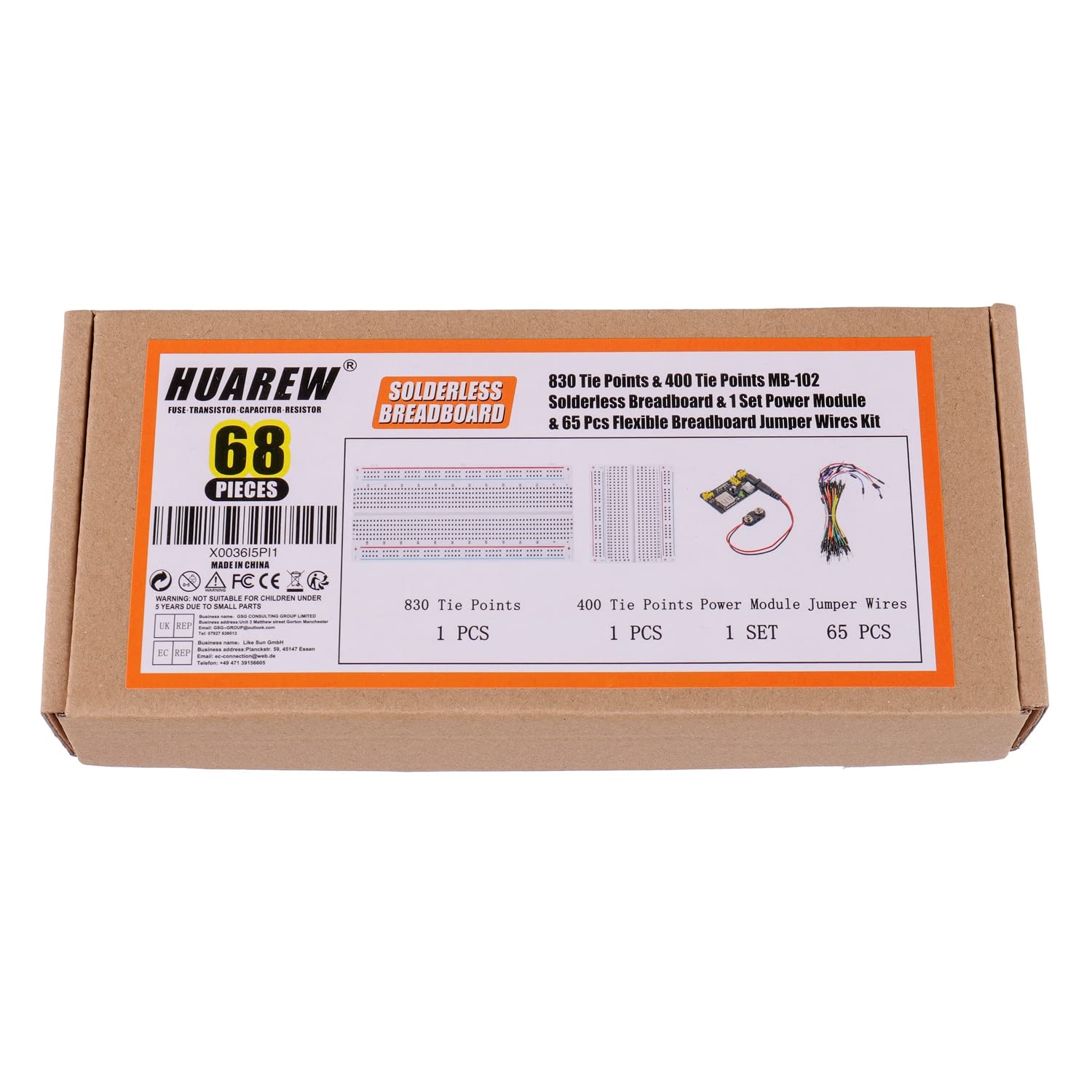 HUAREW Breadboard Kit with Power Supply Module, Jumper Wires,Battery Clip,830 & 400 tie-Points Breadboard