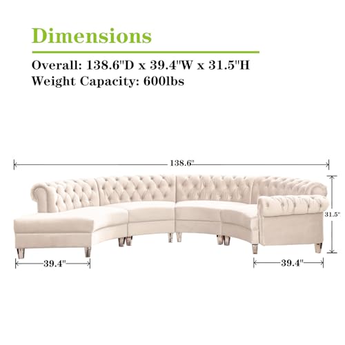 Legend Vansen Curved Velvet Sectional Sofa,Modern Upholstered Tufted Modular Sectional Sofa with Metal Legs,Comfy Semicircle Couch with Rolled Arms and Nailheads for Living Room,Bedroom(Beige)