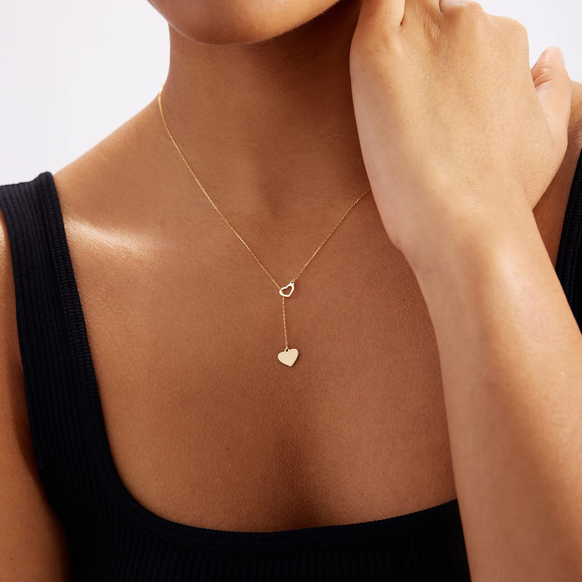 GELIN 14k Solid Gold Two Heart Lariat Y-Necklace for Women