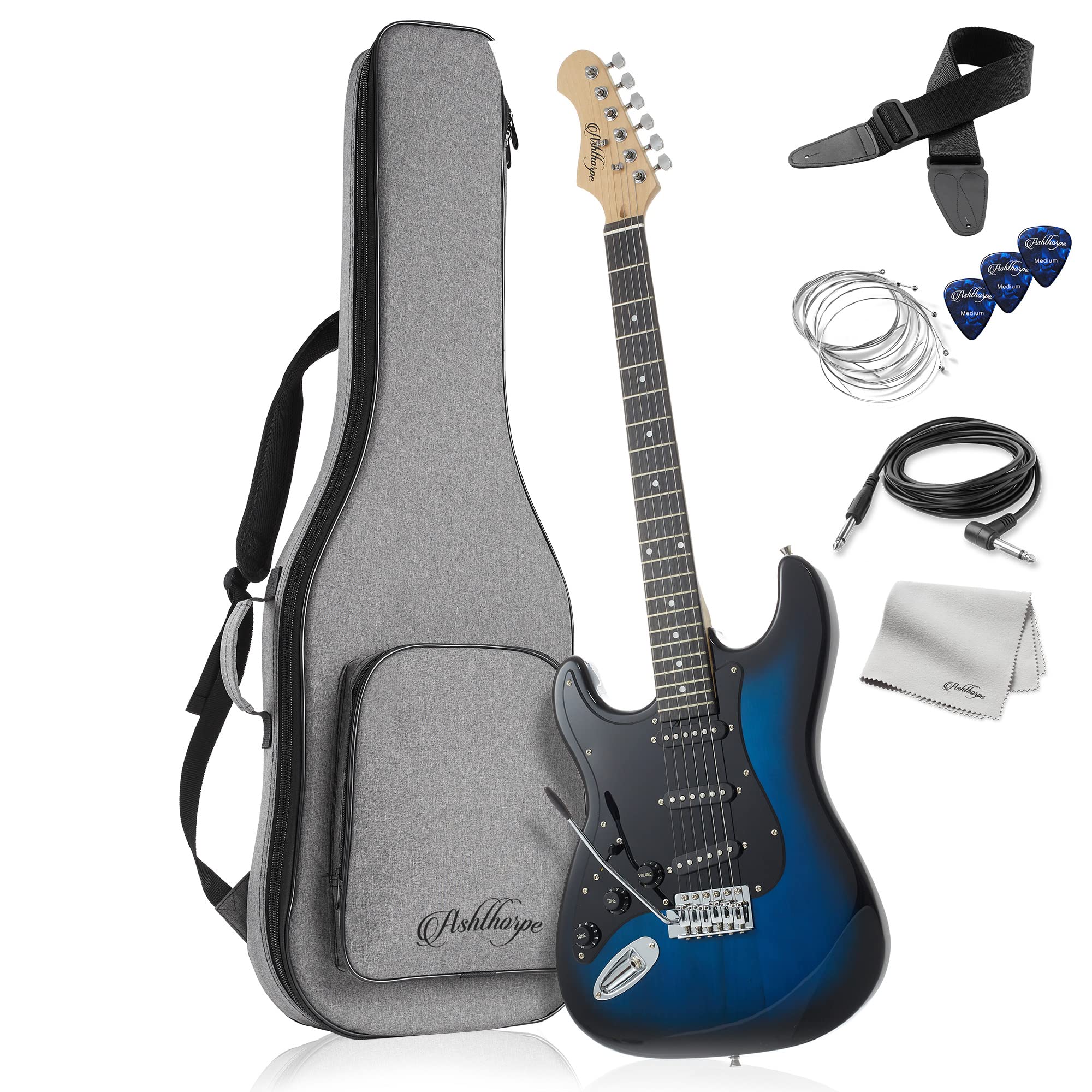 Ashthorpe 39-Inch Left Handed Electric Guitar (Blue-Black), Full-Size Guitar Kit with Padded Gig Bag, Tremolo Bar, Strap, Strings, Cable, Cloth, Picks