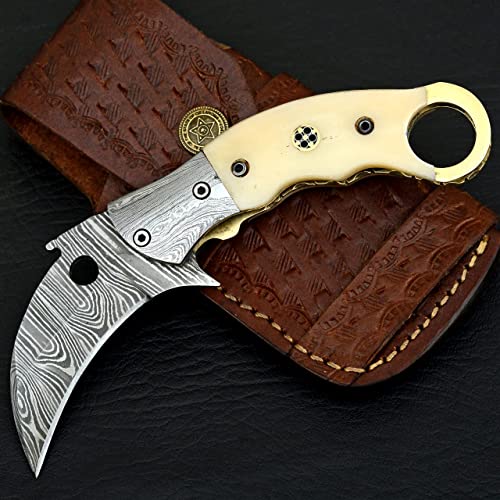 Custom Handmade Damascus Steel Karambit Folding Knife Pocket Knife Everyday Carrying Knife Camel Bone Handle with Leather Sheath