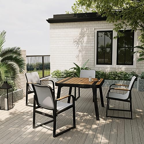 EAST OAK Signature 5 Pieces Outdoor Dining Set, Patio Furniture Set with Finest Teak Wood, Powder-Coated Aluminum Frame Table and Teslin Fabric Chairs, Patio Dining Set for Garden and Yard, Dark Grey