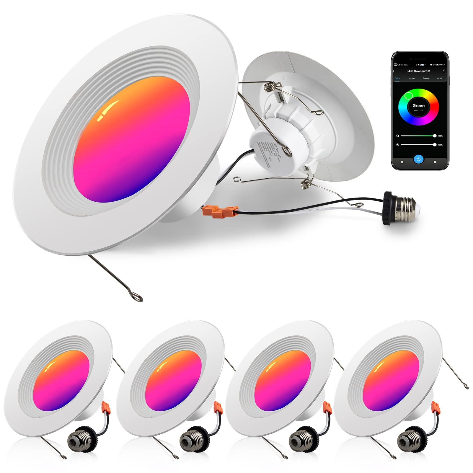 bulbeats 4Pack LED Smart Recessed Lighting 6 Inch, 2700K-6500K+RGBCW Color Changing Downlight, 12W 1200LM CRI90+ Dimmable Retrofit LED Can Light Compatible with Alexa/Google, Wet Location Rated