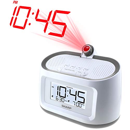 SHARP Projection Alarm Clock with Soothing Nature Sleep Sounds β Easy to Read Projection on Wall or Ceiling β 8 Sleep Sounds to Help Fall Asleep Faster, White Case with Gunmetal Trim