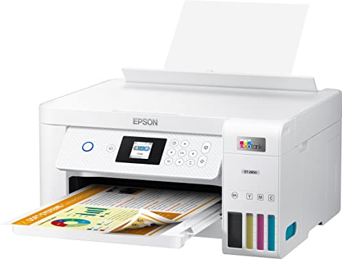 Epson EcoTank ET-2850 Wireless Color All-in-One Cartridge-Free Supertank Inkjet Printer, White - Print Scan Copy - 1.44" LCD Display, 10 ppm, 4800 x 1200 dpi, 2-Sided Printing, Voice-Activated