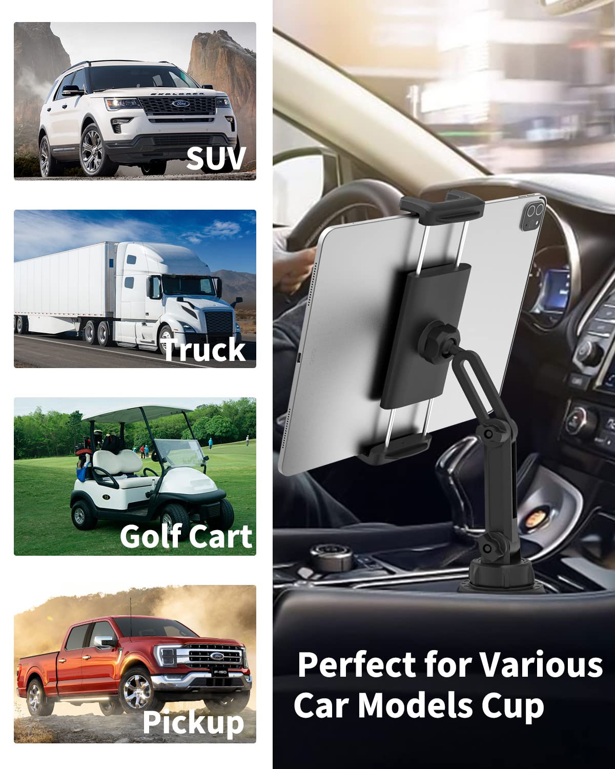 Car Cup Holder Tablet Mount for iPad, Multi-Angle Adjustable Truck Cup Mount Tablet Holder, Sturdy Vehicle Cup Stand Phone Cradle for iPad 12.9 Pro Air Mini, Galaxy Tabs, iPhone, 4-13" Tablets