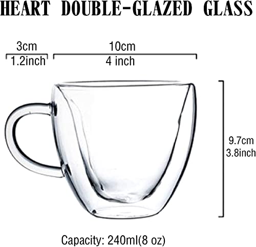 Egsyh Heat Resistant Creative Double Layer Heart Cup Cup Clear Glass With Handle Milk Cup Ttea And Coffee Mugs for Lovers Coffee Afternoon Tea,Unique & Insulated with Handle (240ml/8oz)