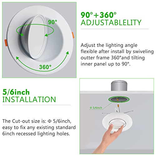 bulbeats 6 Inch Gimbal LED Recessed Light and LED Downlight, ๐ ๐ฒ๐๐ฎ๐น LED Recessed Can Light 6inch 3000K/4000K/5000K 140lm/w (high efficency) Dimmable Directional Ceiling Light CRI90-12 Pack ETL