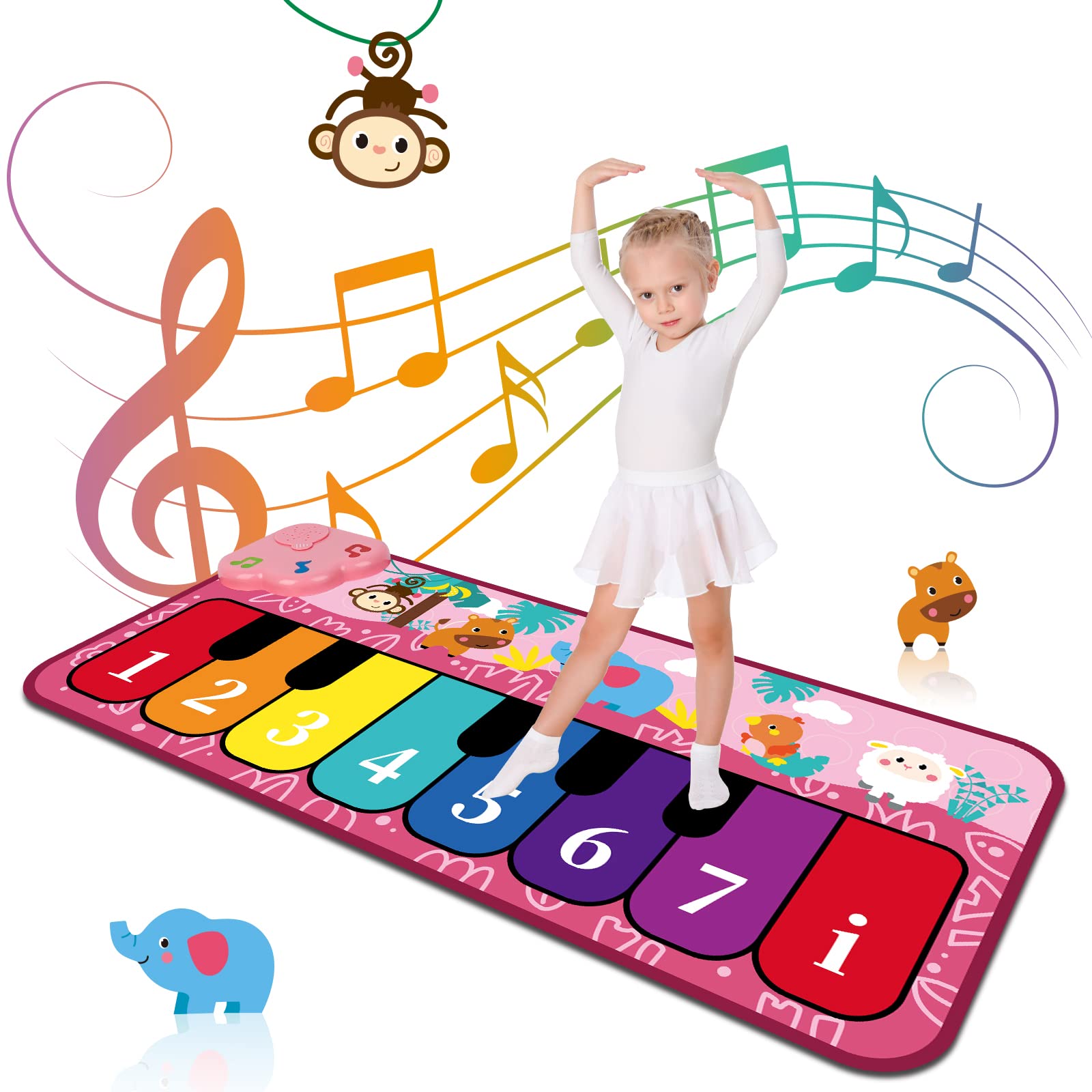 M SANMERSEN Piano Mat for Kids, Keyboard Music Dancing Play Mat with 5 Animal Sounds Electronic Touch Musical Playmat Game Toy Early Education Learning Toys Gift for Toddler Girls and Boys - Pink