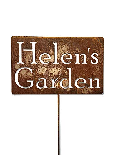 Custom Metal Garden Stake and Pet Memorial Signs Wall Art or Staked Options 20 to 33 Inches Tall Rusted or Powder Coated Finish (Rectangle Sign Plus Stake, 8x5 Inches)