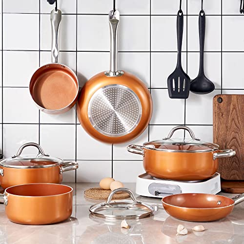 Copper Pots and Pans Set Nonstick 10-Piece Ceramic Cookware Set, Stainless Steel Handles, Dishwasher & Oven Safe, PFOA/PFAS-Free, Orange