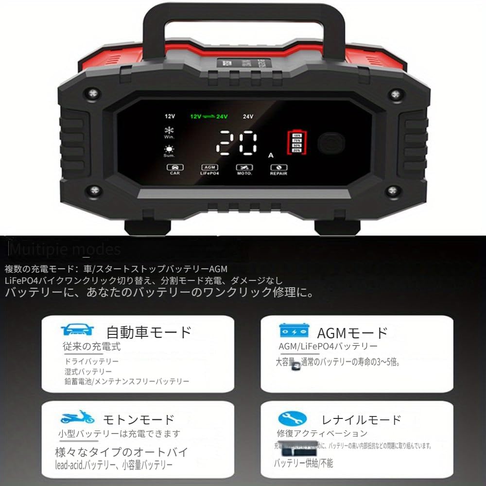 ATian Smart Battery Charger 12V/20A 24V/10A Automatic Battery Maintainer Auto-Volt Detection ,with LDC Display Tester for Car Motorcycle Lawn Mower AGM GEM Lead Acid Batteries (Red)