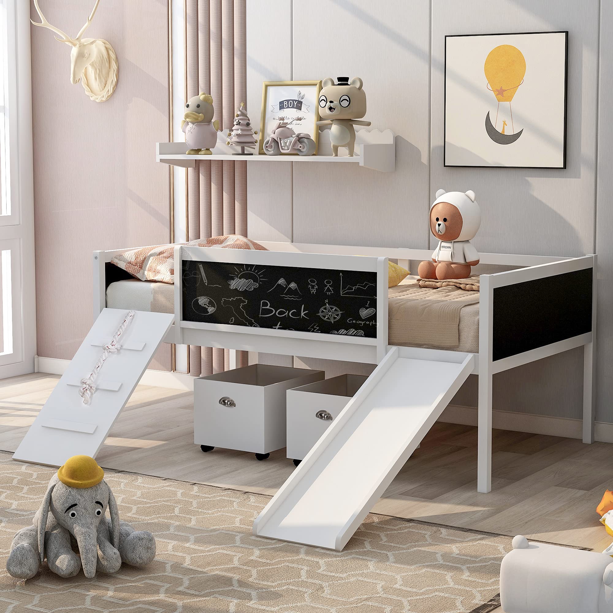 GLCHQ Multifunctional Design Kids Loft Bed with Slide for Boys & Girls Bedroom (White, Twin)