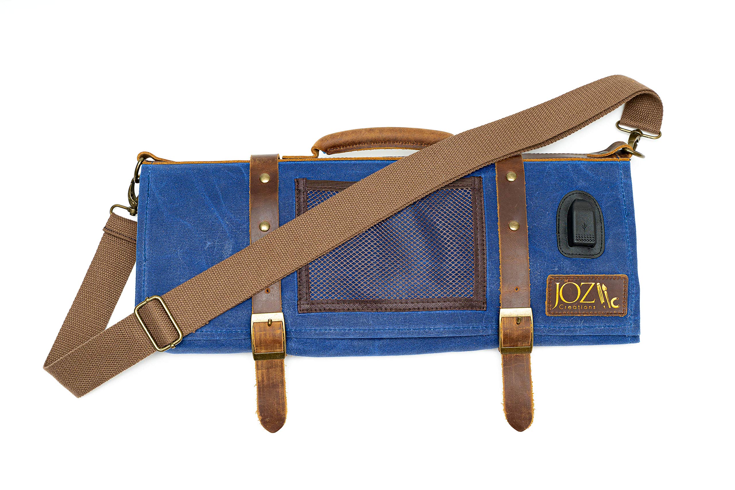 Chef Knife Roll Bag Waxed Cavas Genuine Leather USB | Amazing Gift for Tech Savvy Executive Chefs & Culinary Students (Blue) Culinary graduation gift | JOZ Creations LLC knife bag USB port blue