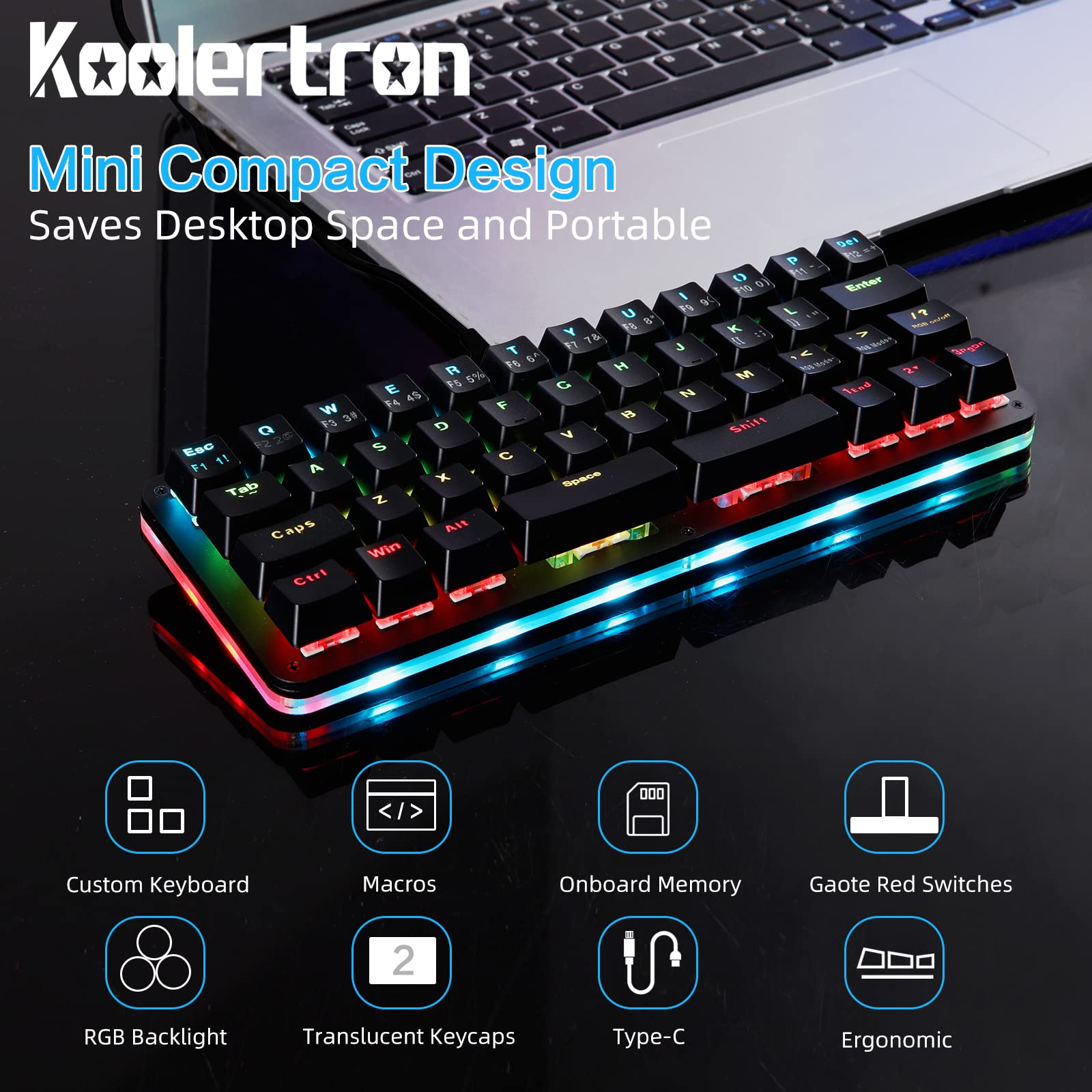 Koolertron Single-Handed Programmable Mechanical Keyboard with OEM Gateron Red Switch,All 44 Programmable Keys Tools Keypad,8 Macro Keys,PBT Keycaps.[SMKD72-C]