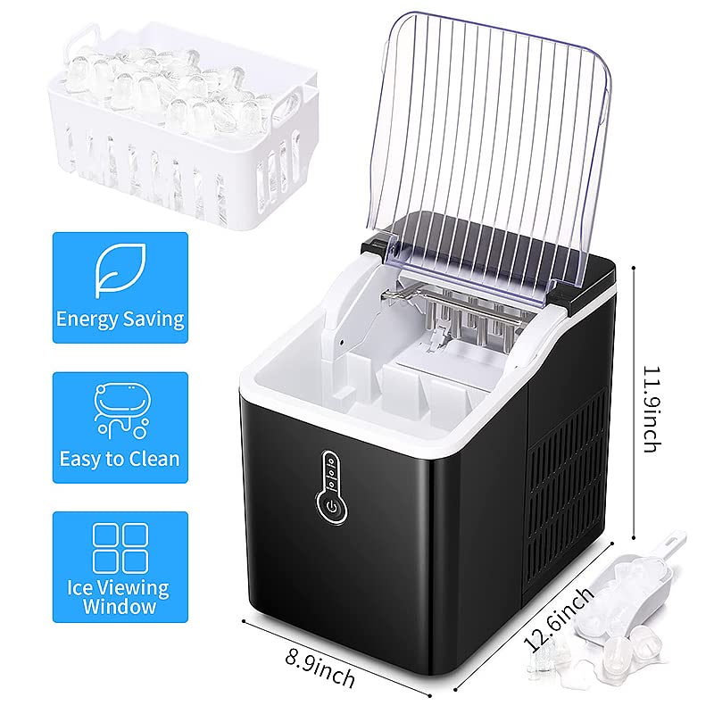Kismile Ice Maker, Compact Ice Machine, 9 Bullet Ice Cubes Ready in 8 Mins, 26lbs in 24Hrs, Countertop Ice Maker with Ice Scoop & Basket for Home Bar, Office, Kitchen