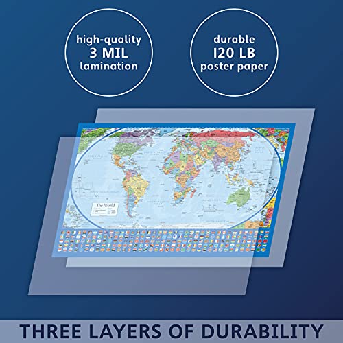 Equal Earth World Map Poster - map design shows continents at true relative size. (LAMINATED, 18” x 29”)