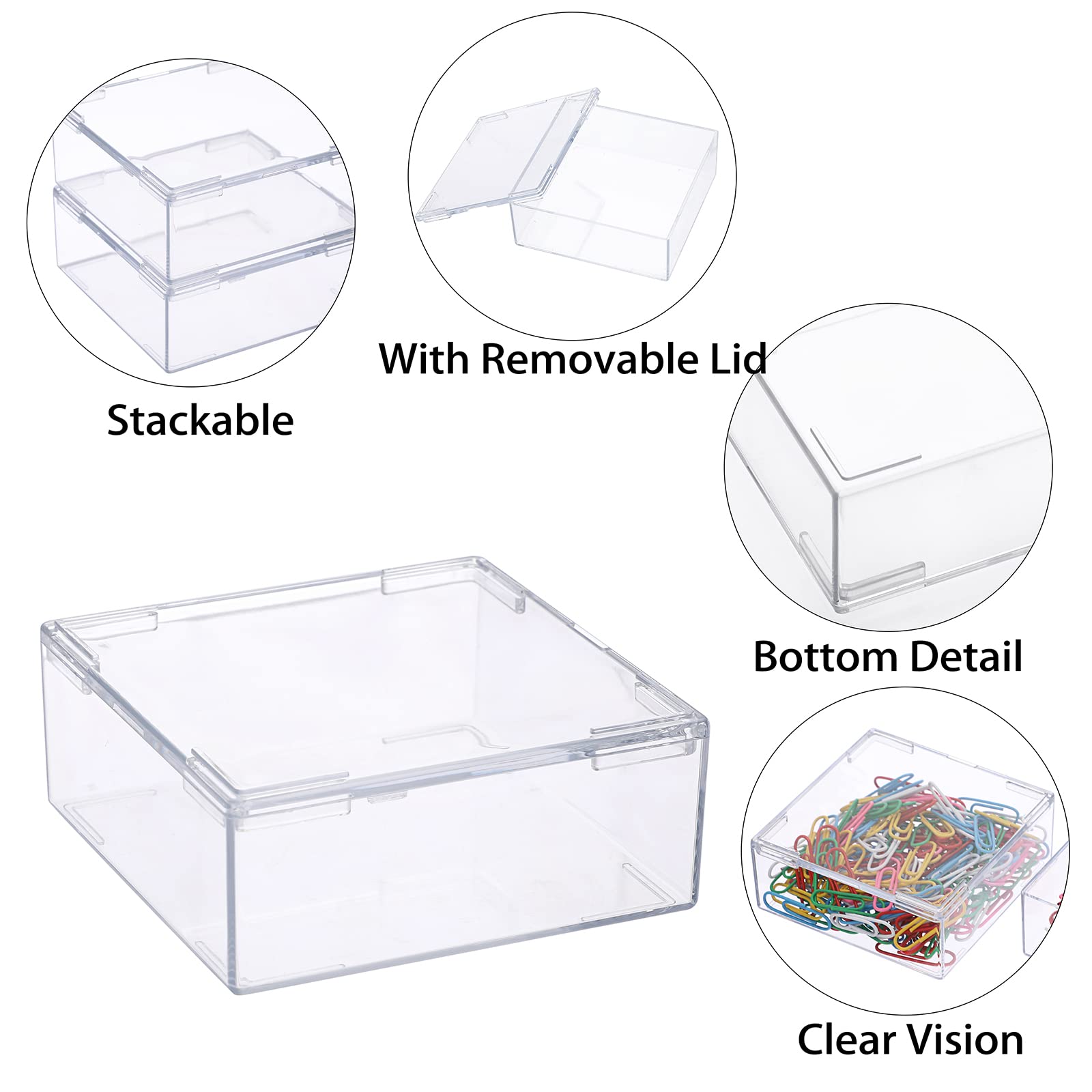 BTSKY Clear Plastic Small Storage Containers with Lid Mini Clear Boxes for Organizing Stackable Paper Clips Holder Multi-use Bead Organizers for Clips, Rhinestones, Hairpins and Candy, 2PCS Round