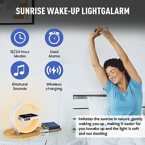 KISSONU Led Night Light Intelligent Atmosphere Lamp Wireless Charger Bedside Lamp Sunrise Wake-Up Lamp Polar Lamp Alarm Clock App Control for Heavy Sleepers Adults for Bedroom Dorm Gift (White)