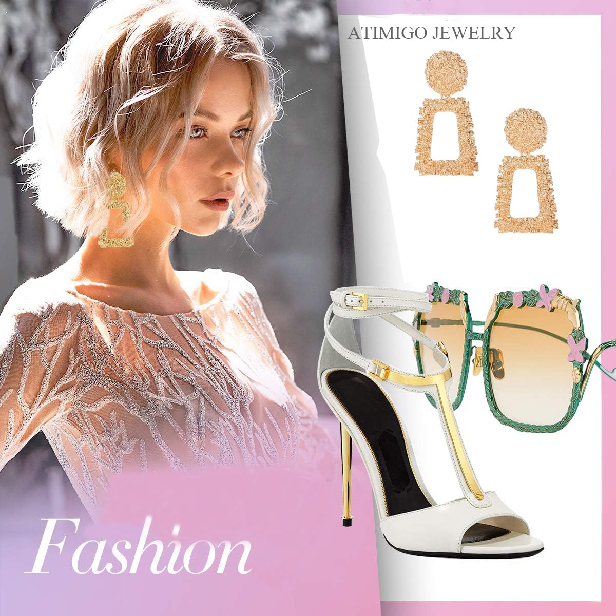 ATIMIGO Gold Statement Drop Earrings Metal Rectangle Geometric Dangle Earrings for Women