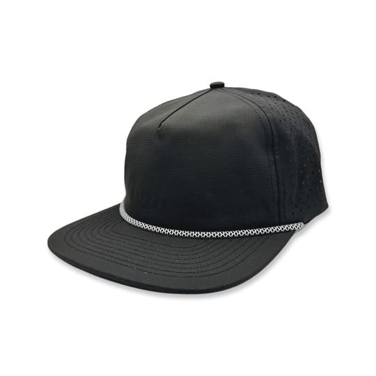 Blanksies Yosemite, Flat Bill Rope Hat, Blank 5 Panel Snapback, Outdoor Performance Baseball Cap (Black)