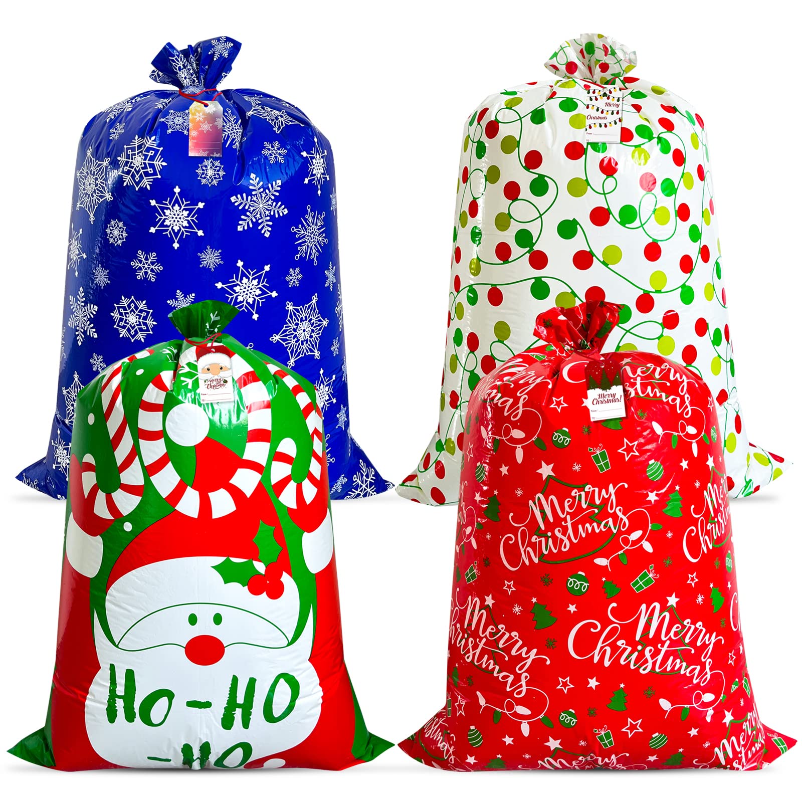 Extra Large Christmas Gift Bags Bulk - 4 Pack Giant Xmas Gift Wrapping Bag for Present 54.3 x 36.2”, Big Heavy Duty Santa Sacks Jumbo Plastic Gift Bags Oversized Holiday Present Bags with Tag & Tie