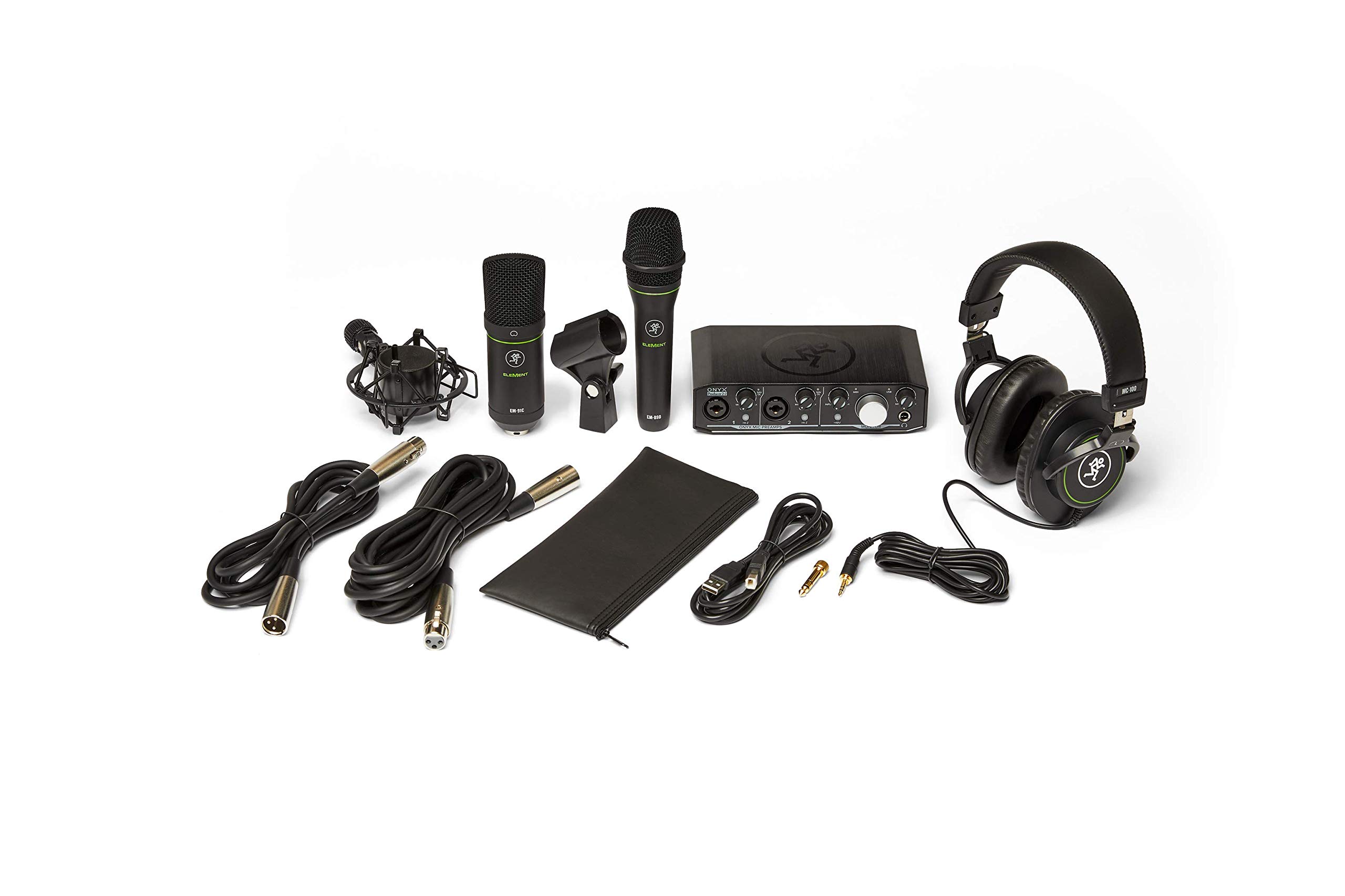 Mackie Producer Bundle with Onyx Producer interface, EM89D dynamic mic, EM91C condenser mic and MC-100 headphones.