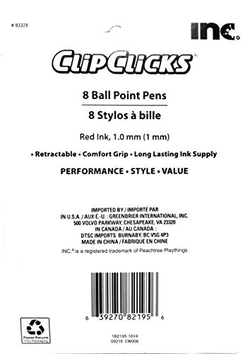 INC Retractable Ball Point Pens, 1.0 mm, Red Ink, 8-pack