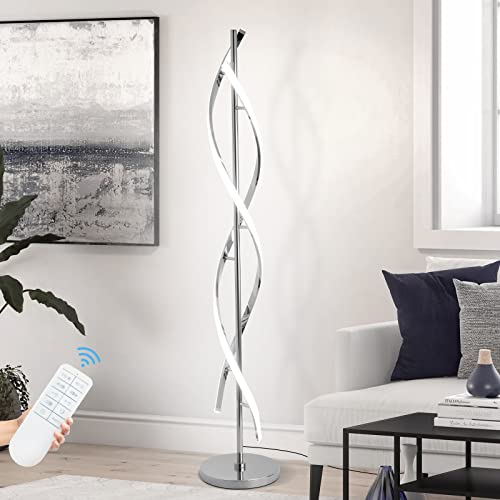 EIDEARAY LED Modern Floor Lamp for Living Room, 40W 3 Colors Stepless Dimmable and Color-Changing Bright Floor Standing Lamp,60" Unique Spiral Floor Tall Lamp for Bedroom Office with Remote,Chrome
