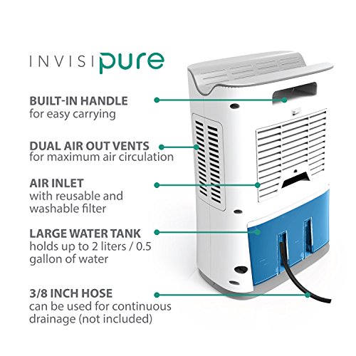 InvisiPure Hydrowave Dehumidifier - Small Compact Portable Dehumidifier for Home, RV, Bathroom, Closet, Bedroom, Small Room, Basement, Boat, Mold - Continuous Drain Hose Ready - Quiet Electric Peltier