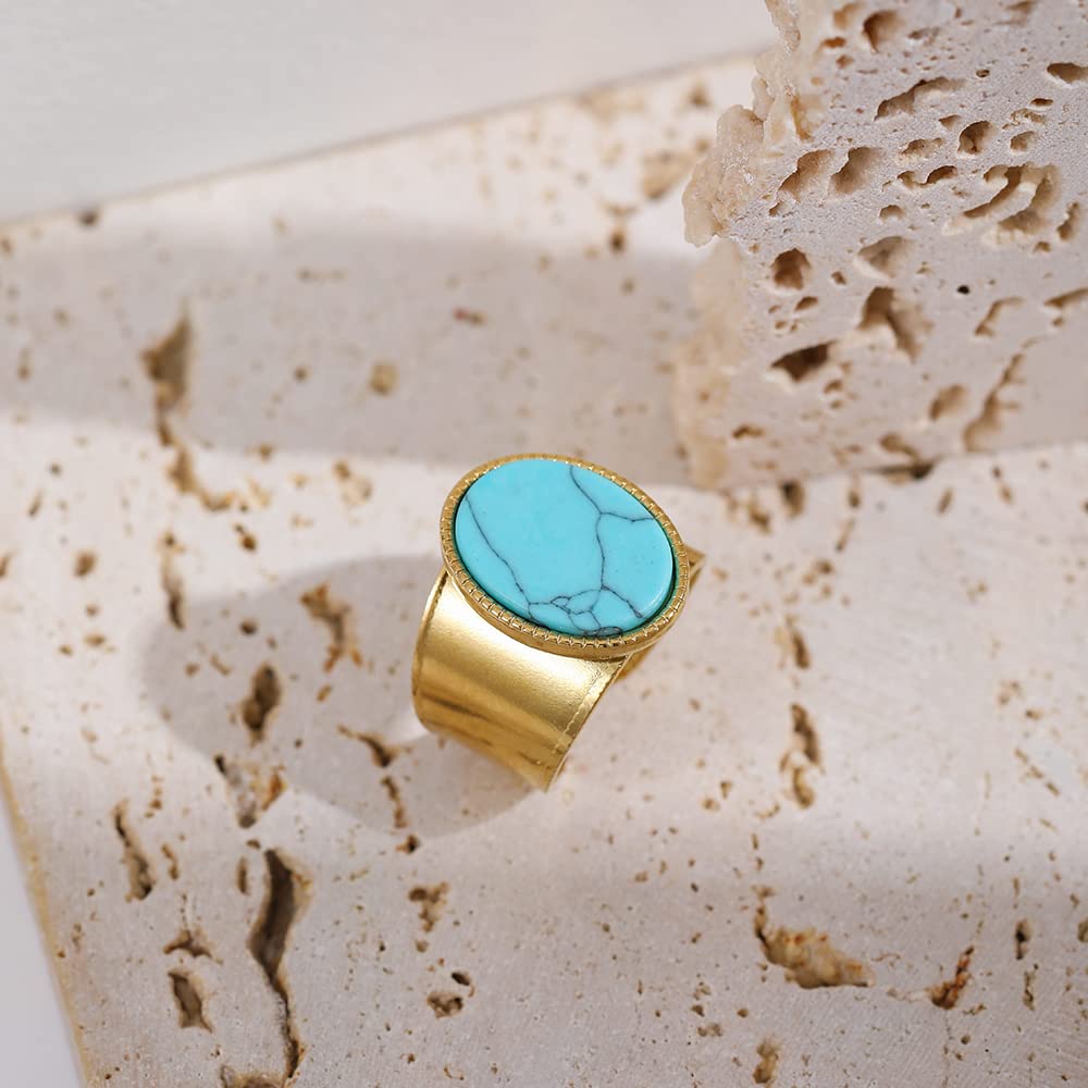 BLAVETI Stainless Steel Green Natural Turquoise Opening Ring,Statement Golden 18 K Plated Ring,for Jewelry Adjustable for Women Men Gift