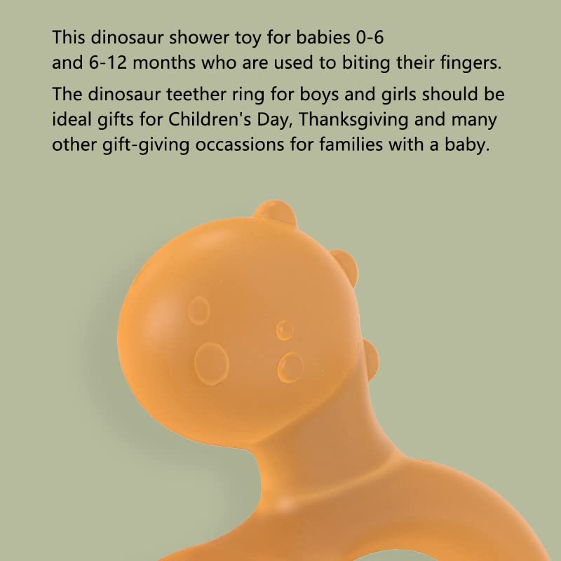 BIGSPINACH 3D Dinosaur Chew Teething Rings for Babies 0-24 Months with Pacifier Clip, Bpa Free Food Grade Silicone Teething Toys, Hand Teethers for Babies (Beige)