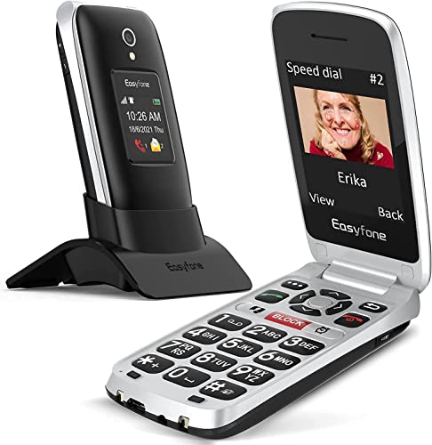 Easyfone Prime-A1 Pro 4G Big Button Flip Cell Phone for Seniors | Easy-to-Use | Clear Sound | SOS Button w/GPS | SIM Card & Flexible Plans | Convenient Charging Dock (Black)