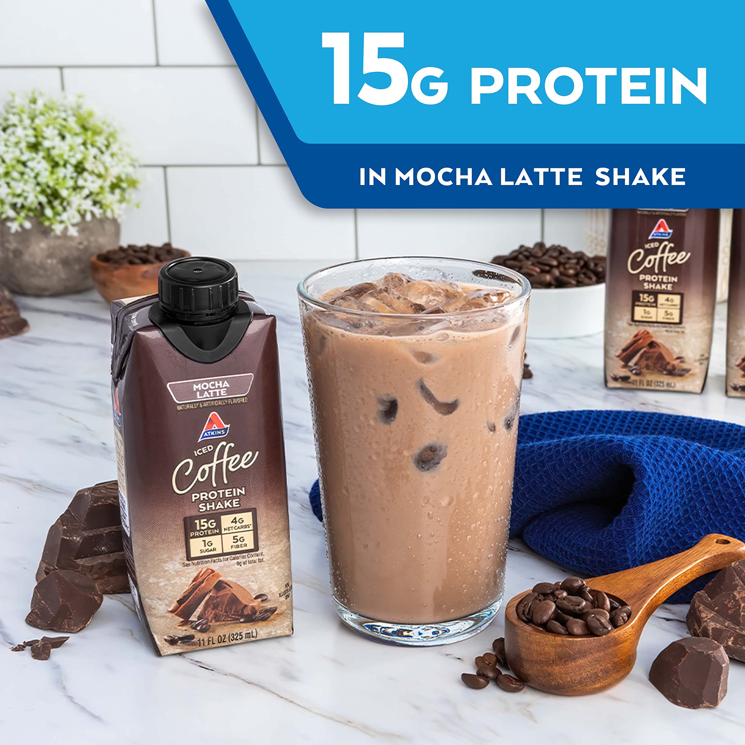 Atkins Milk Chocolate Delight and Mocha Latte Iced Coffee Protein Shakes Bundle (15g Protein, Low Glycemic)