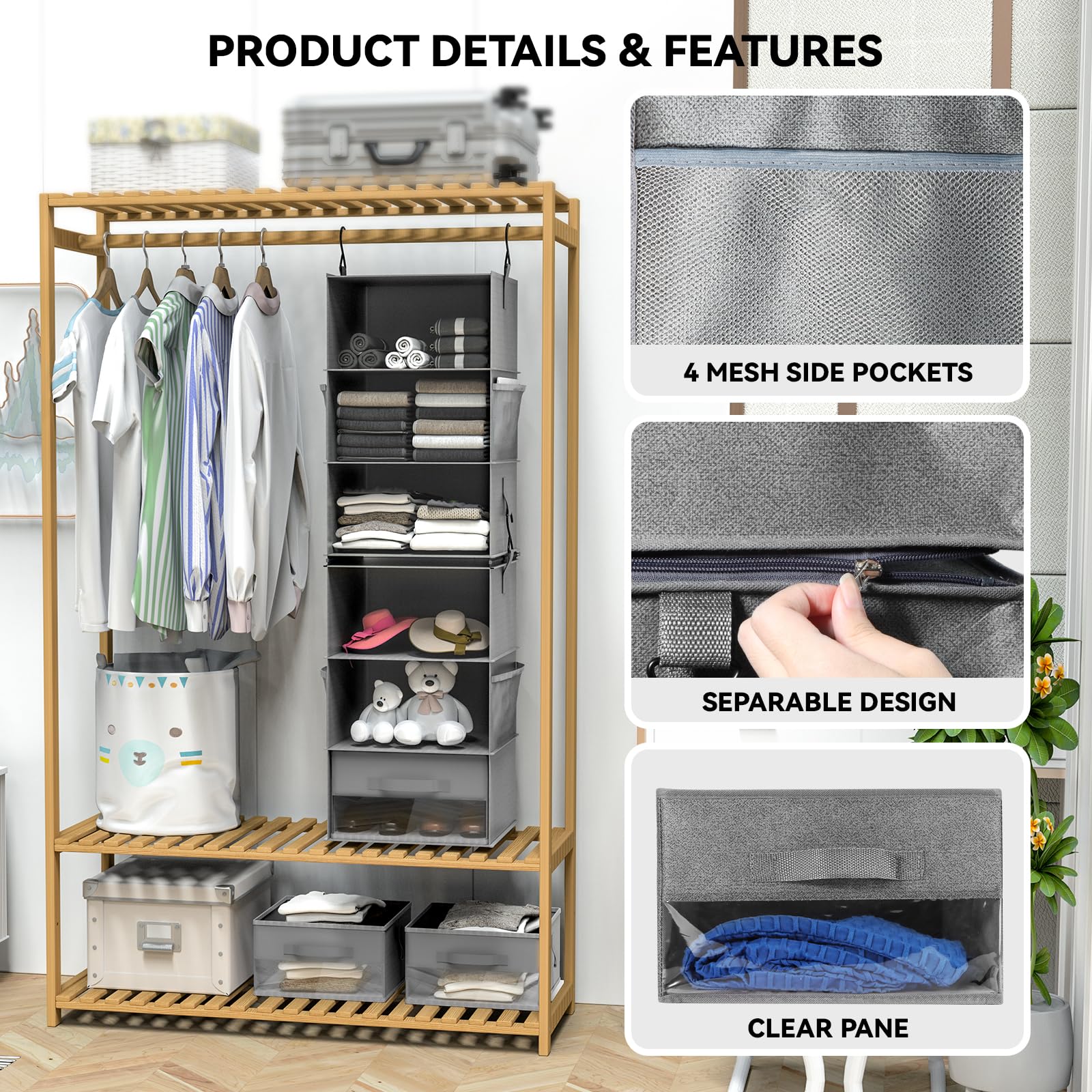 CHILIGO 6-Shelf Hanging Closet Organizer and Storage, Foldable Closet Hanging Organizer, Two 3-Shelf Separable Closet Hanging Shelves with 3 Transparent Drawers 4 Side Pockets