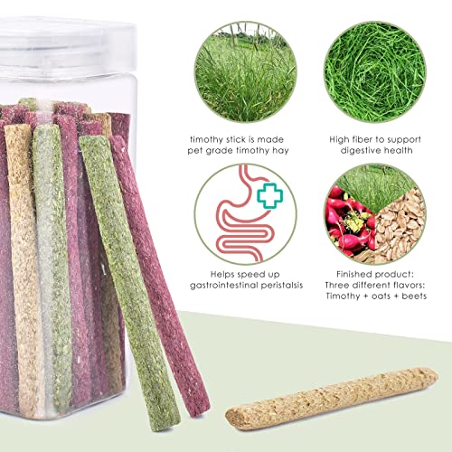 ERKOON 25 Pcs Timothy Hay Sticks,Rabbit Chew Toys for Teeth Natural Timothy Grass Molar Sticks Rabbits Treats for Bunnies, Chinchilla Guinea Pigs, Gerbil, Hamster (Timothy+Oatmeal+Beet)