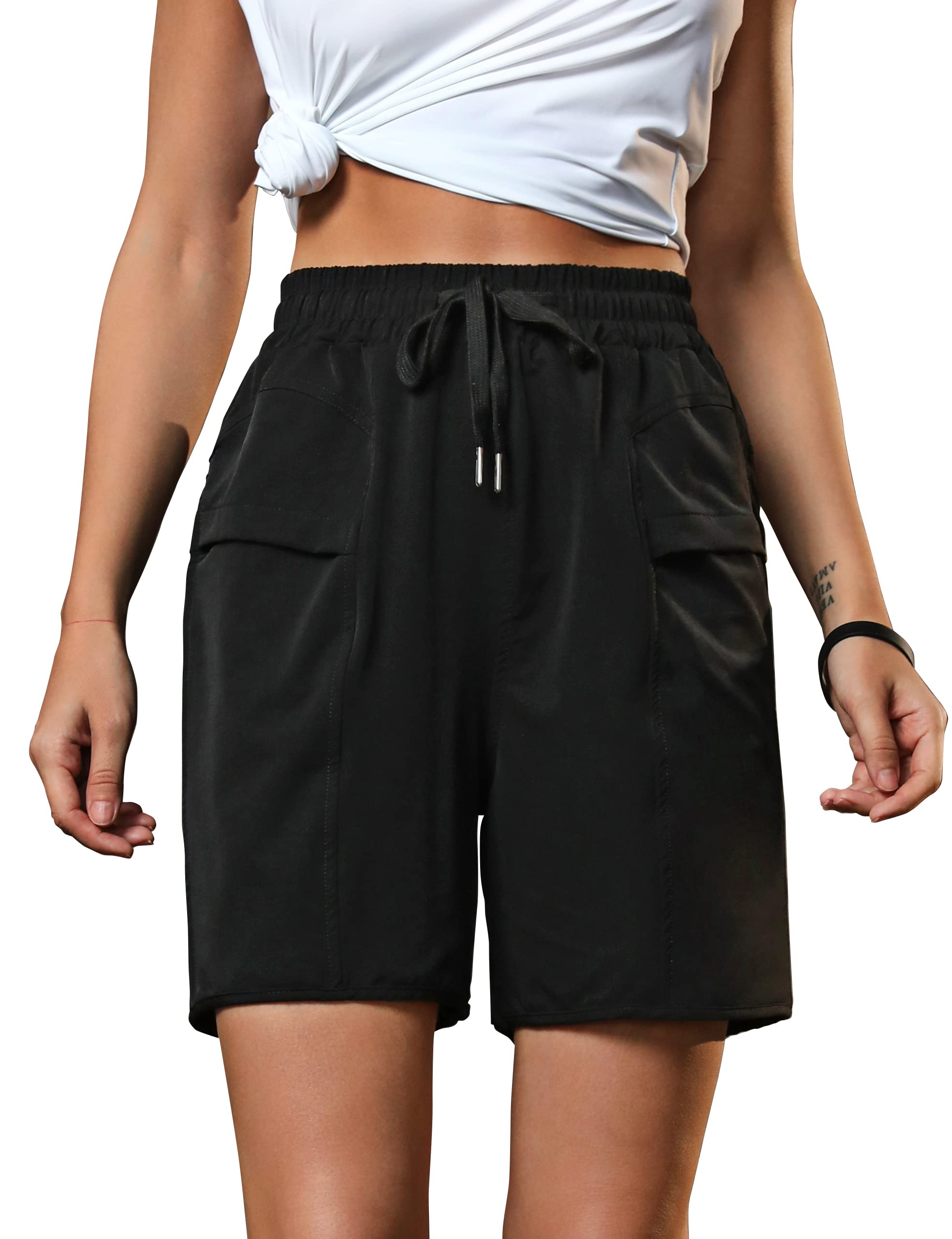 Blooming Jelly Women's Hiking Cargo Shorts Quick Dry High Waisted Athletic Golf Shorts with Pockets for Casual Summer (Medium, Black)