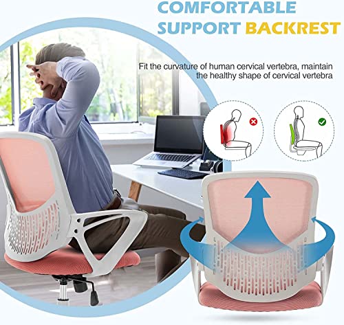Ergonomic Office Chair - Home Desk Mesh Chair with Fixed Armrest, Executive Computer Chair with Soft Foam Seat Cushion and Lumbar Support, Pink