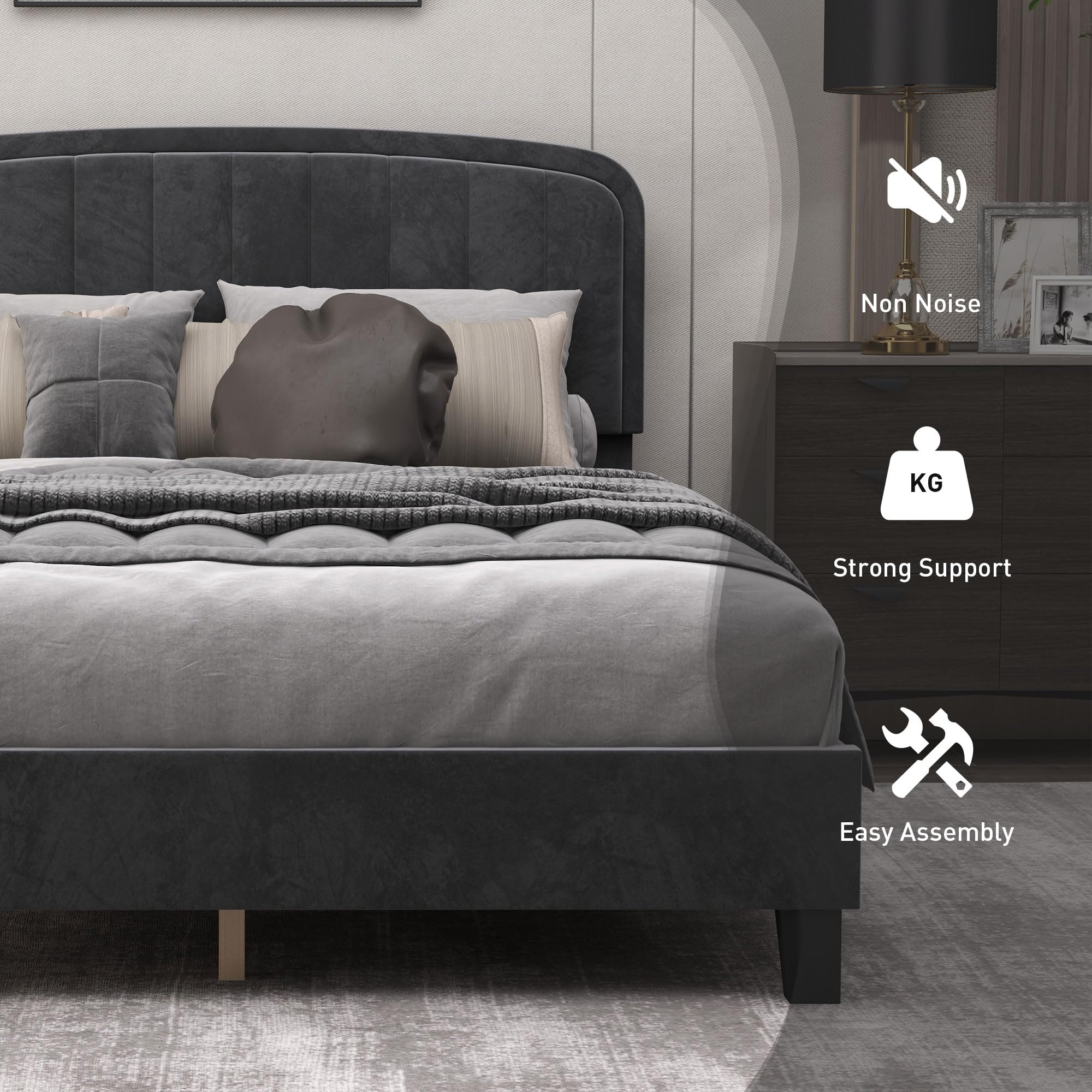 Bonzy Home Queen Bed Frame with Headboard, Modern Queen Size Platform Bed Frame, No Box Spring Needed, Easy Assembly, Grey