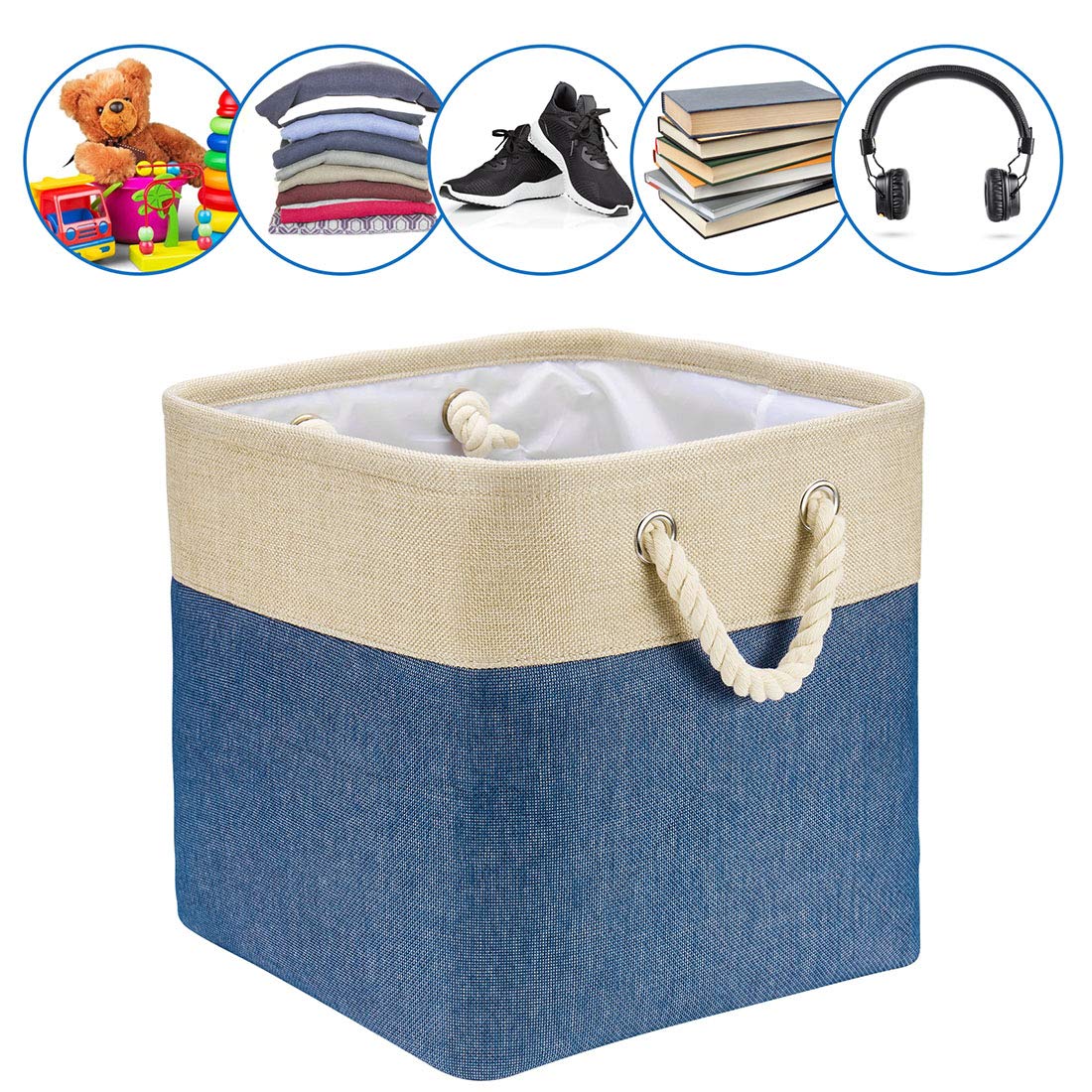 i BKGOO 3Pack Large Foldable Storage Bins,Collapsible Sturdy Cationic Fabric Organizing Storage Basket Cube with Cotton Handles for Home Office Shelf Clothes Toys Khaki-Blue 13×13×13 inch