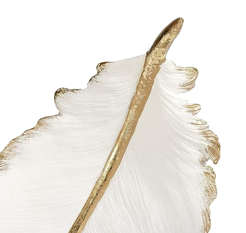 CosmoLiving by Cosmopolitan Polystone Bird Curved Feather Decorative Bowl with Distressed Gold Accents, 13" x 8" x 8", White, SMALL SIZE