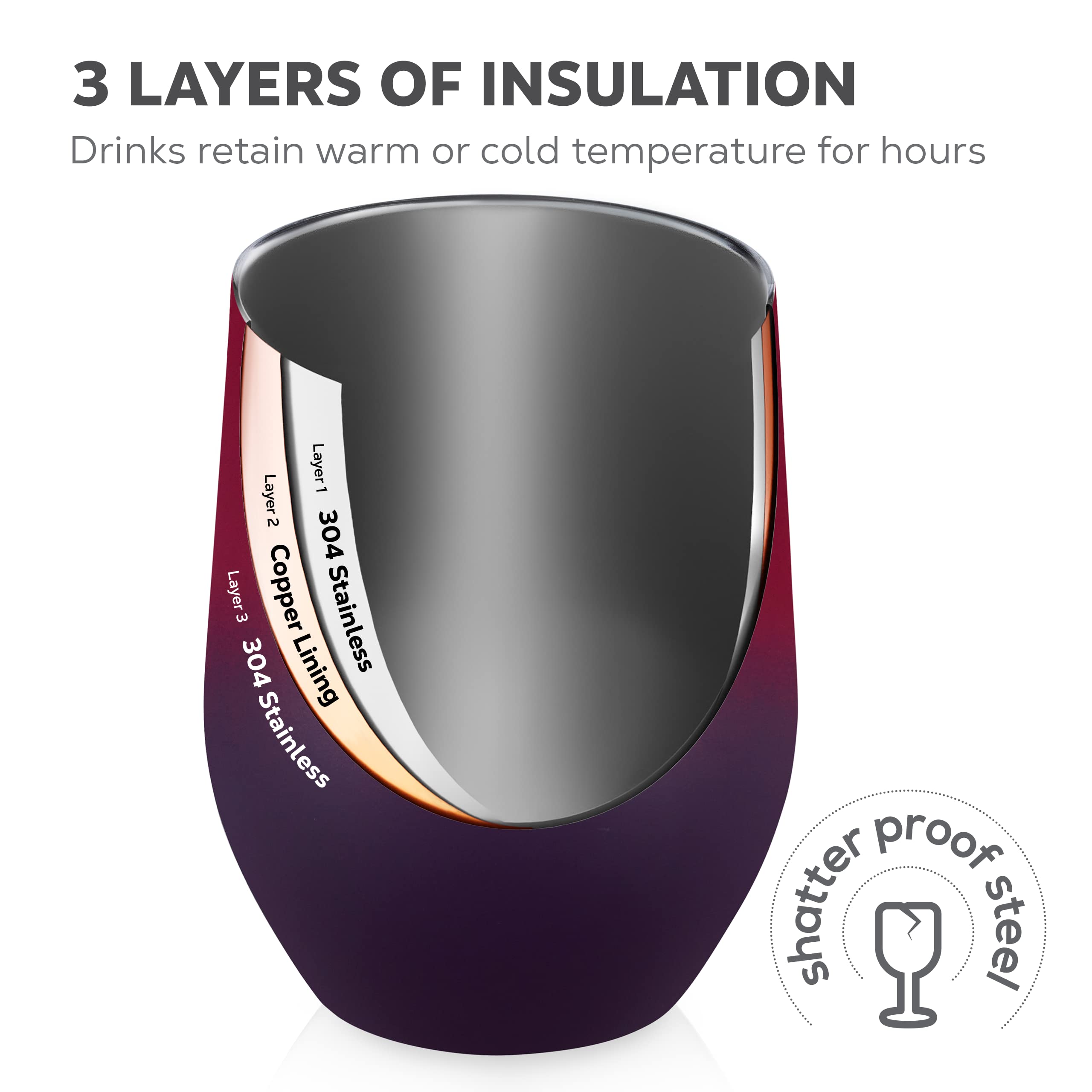 FineDine Triple Insulated Wine Tumbler With Lid (4 Pack) 12oz Stainless Steel Set- Tumblers Keep Drinks Hot & Cold for Outdoors, Beach, Picnics- Unbreakable Glasses With BPA Free Lids (Purple Print)