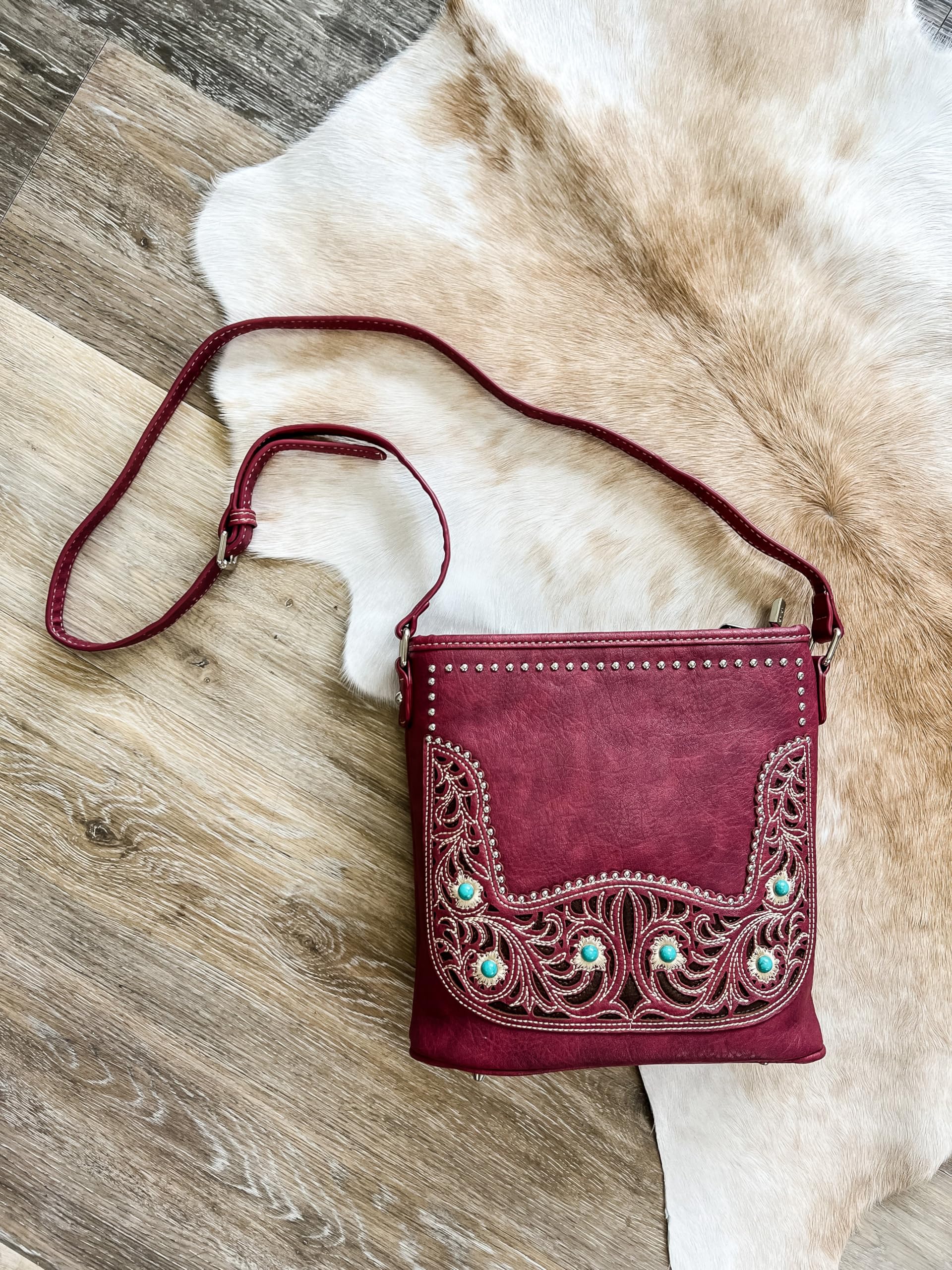 Montana West Concealed Carry Studs and Conchos Crossbody Purse - Burgundy